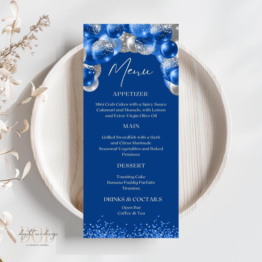 Editable Royal Blue Menu Card Template, Royal Blue & Silver Glitter ...