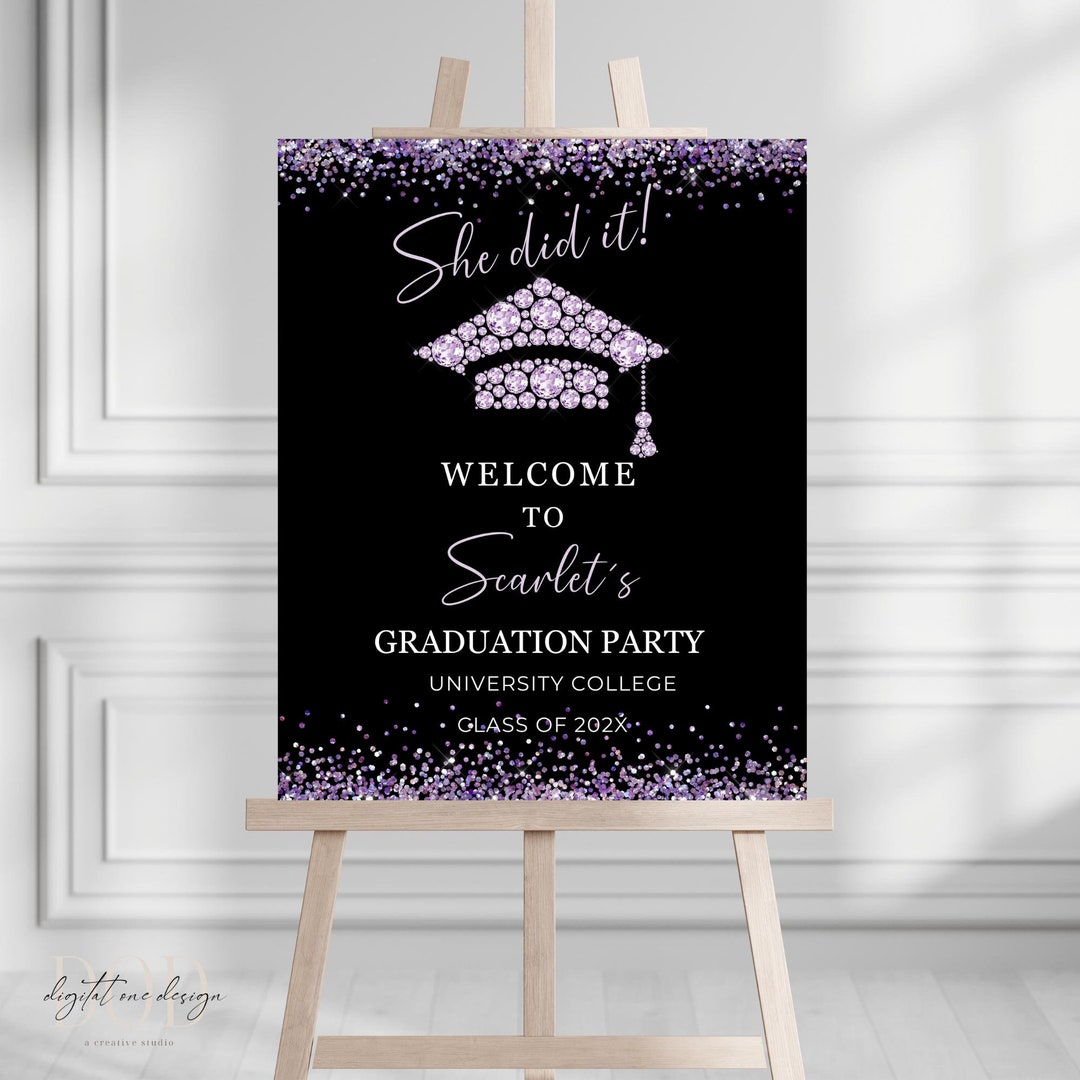 Editable Graduation Party Welcome Sign, Purple Diamonds Graduation Hat ...