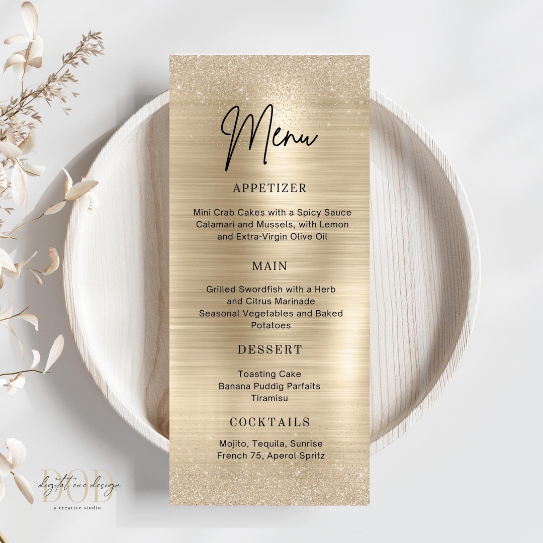 Elegant Menu Cards Template, Champagne Metallic Glitter Design ...