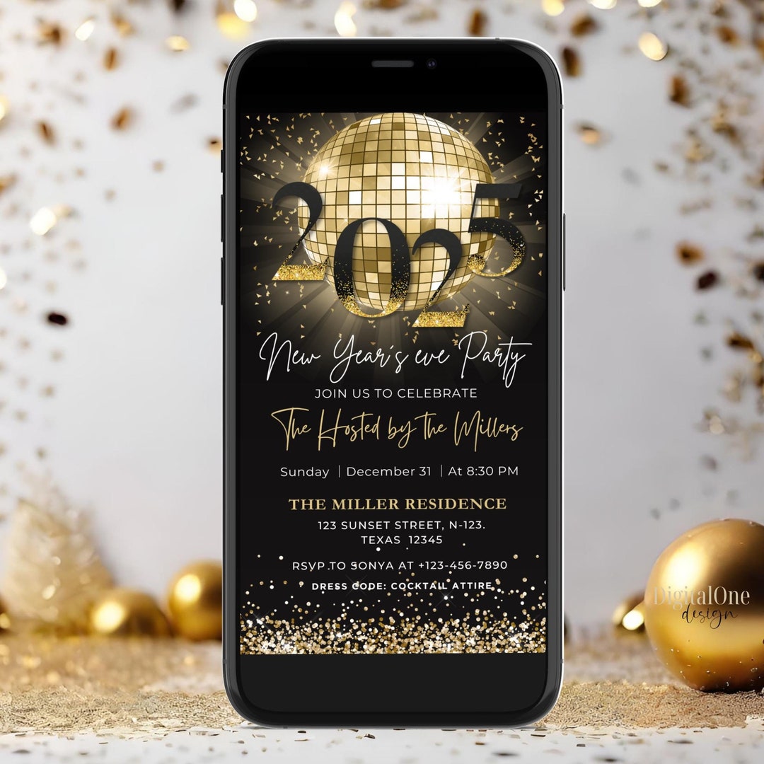 2025 New Years Eve Party Invitation Template, Gold Disco Ball Party ...