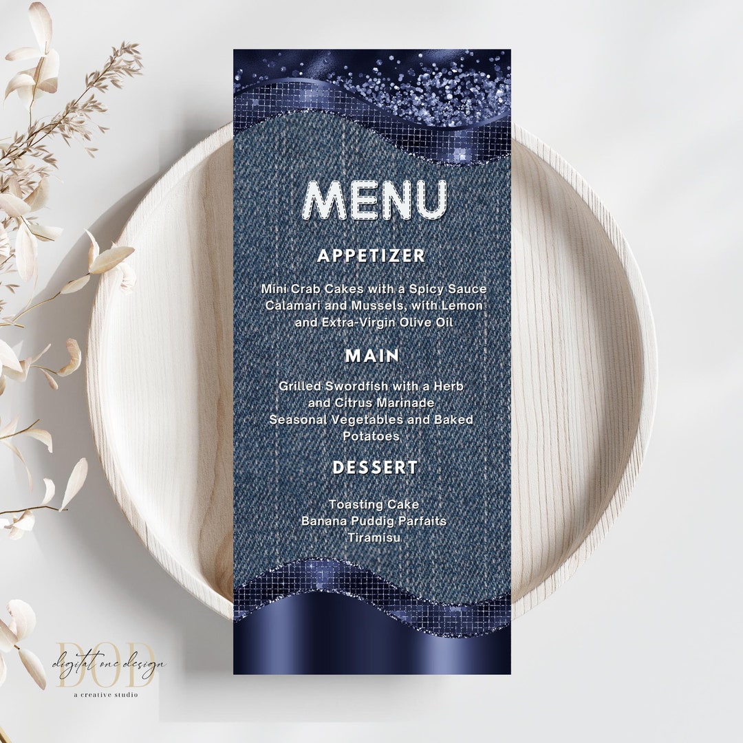 Denim Menu Cards Template, Denim Glitter Birthday Party Menu Card ...