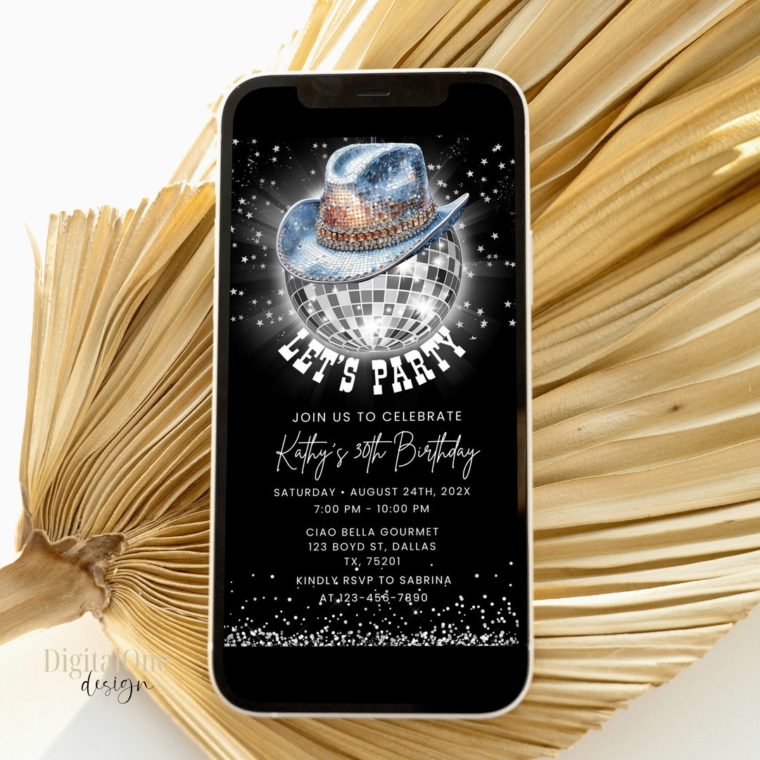 Let's Party Disco Ball Birthday Invitation, Western Cowgirl & Cowboy ...