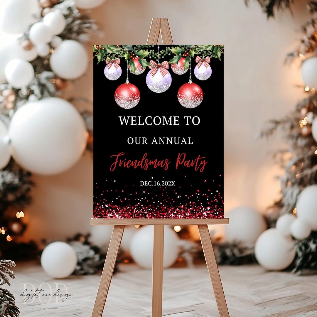 Friendsmas Annual Party Welcome Sign, Elegant Red and Silver Ornaments ...