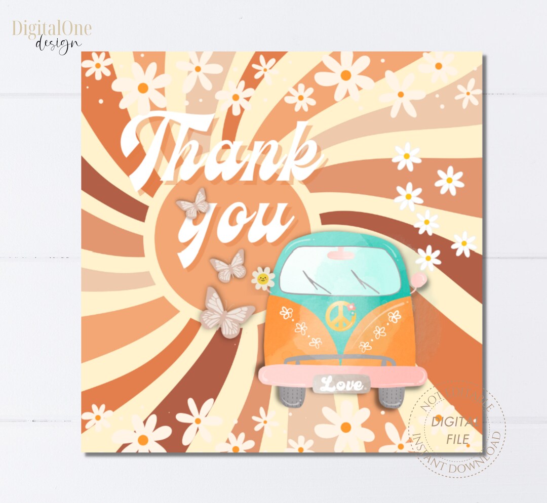 Printable Groovy Thank You Favor Tag, INSTANT DOWNLOAD, Daisy Rainbow ...