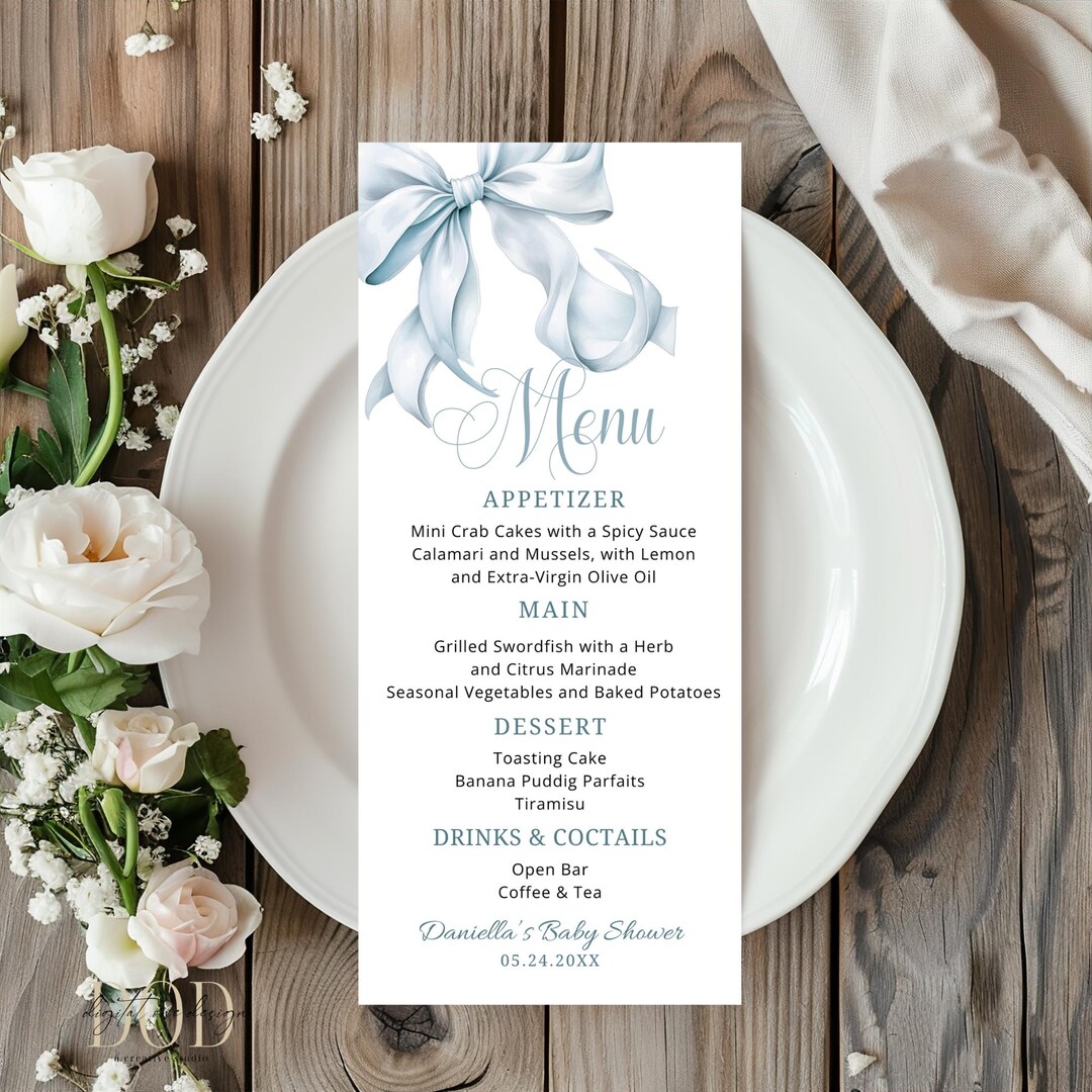 Elegant Dusty Blue Menu Card Template With Coquette Bow Design, Menu ...