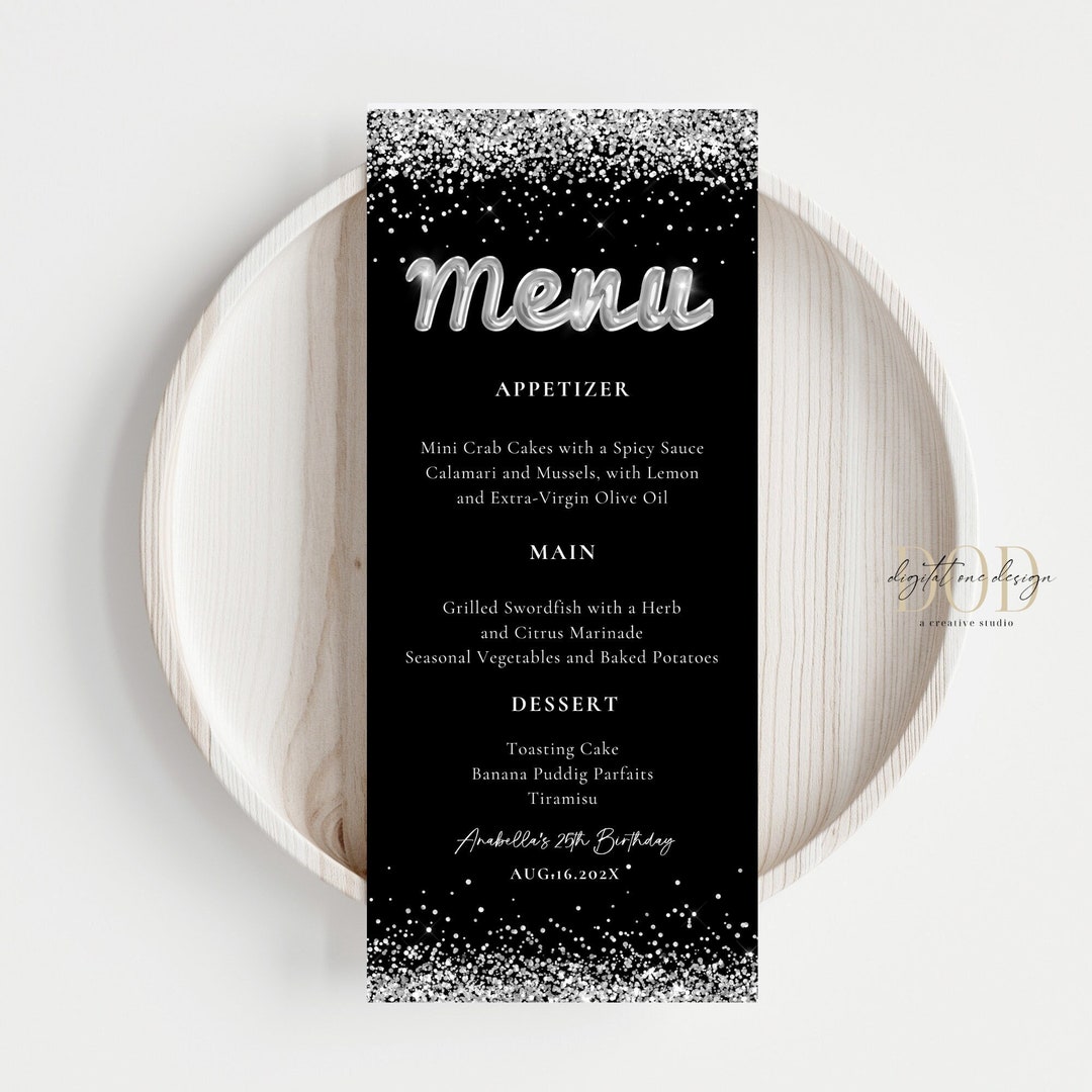 Editable Glam Birthday Menu Template, Silver Glitter Balloons ...
