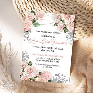 Spanish Rose Gold Floral Party Invite, Elegant Pink Rose & Black ...