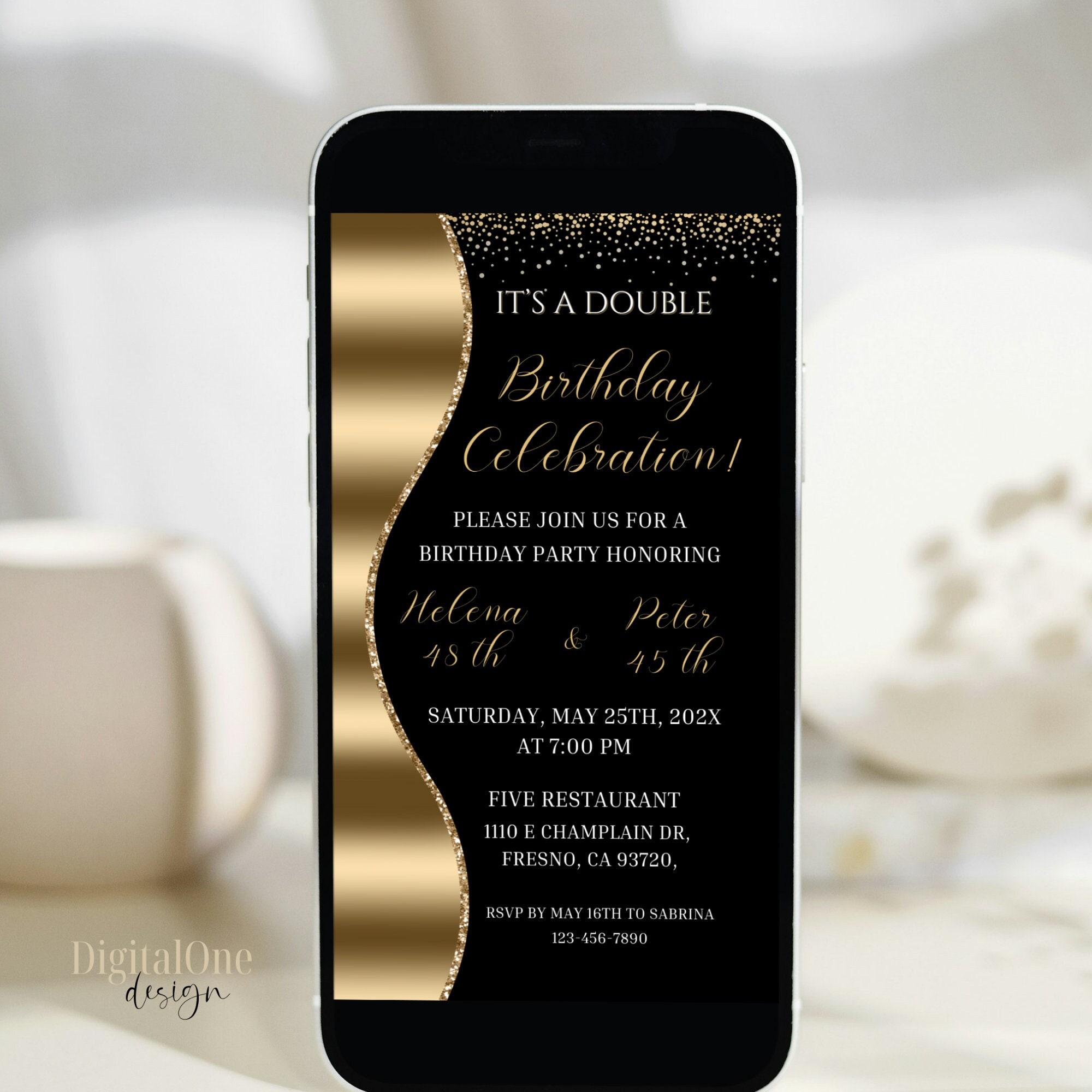Editable Dual Birthday Party Invitation, Elegant Gold & Black Wave ...