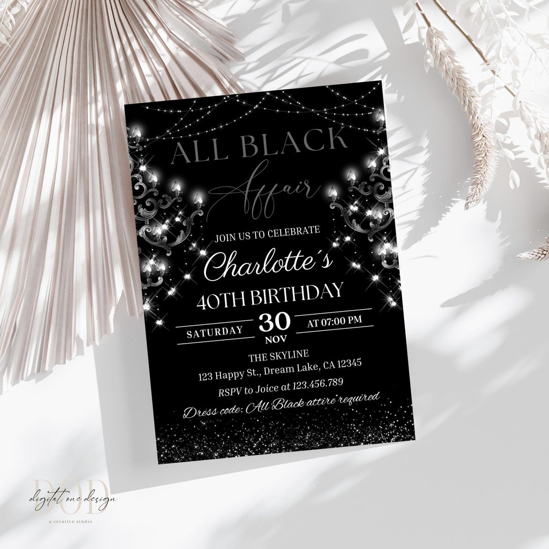 All Black Affair Invitation, Elegant Black Chandelier Design, Birthday ...
