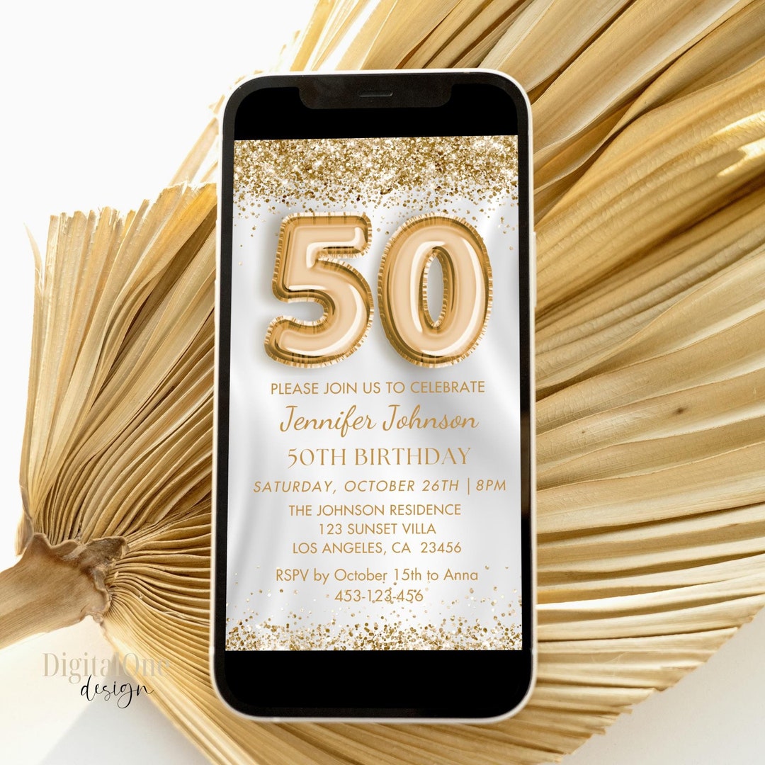 Electronic 50th Birthday Party Invitation, Elegant Gold Glitter & White ...