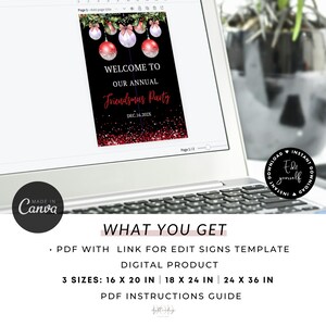 Friendsmas Annual Party Welcome Sign, Elegant Red and Silver Ornaments ...