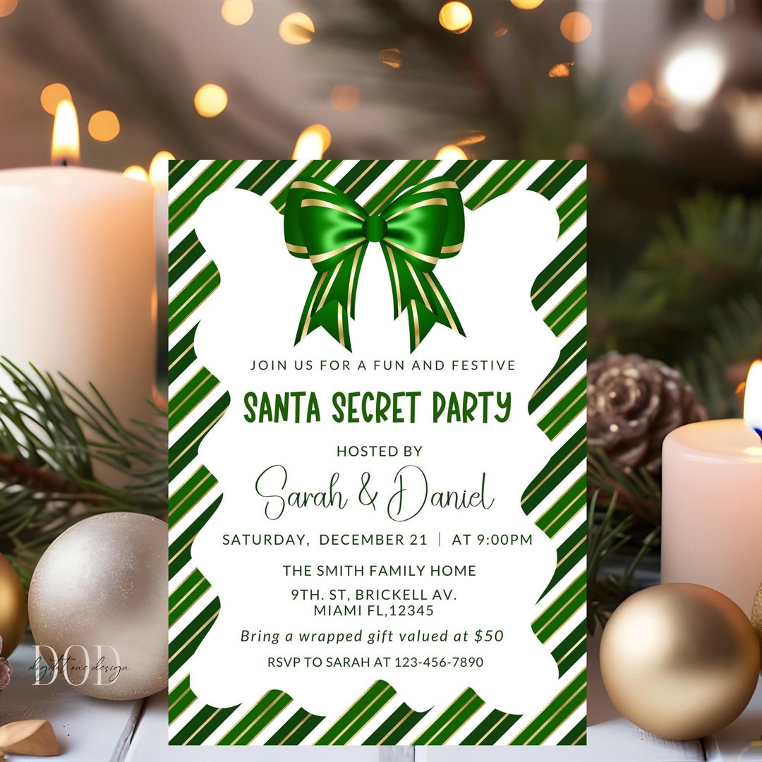 Editable Christmas Party Invitation Template, Green & Gold Santa Secret ...