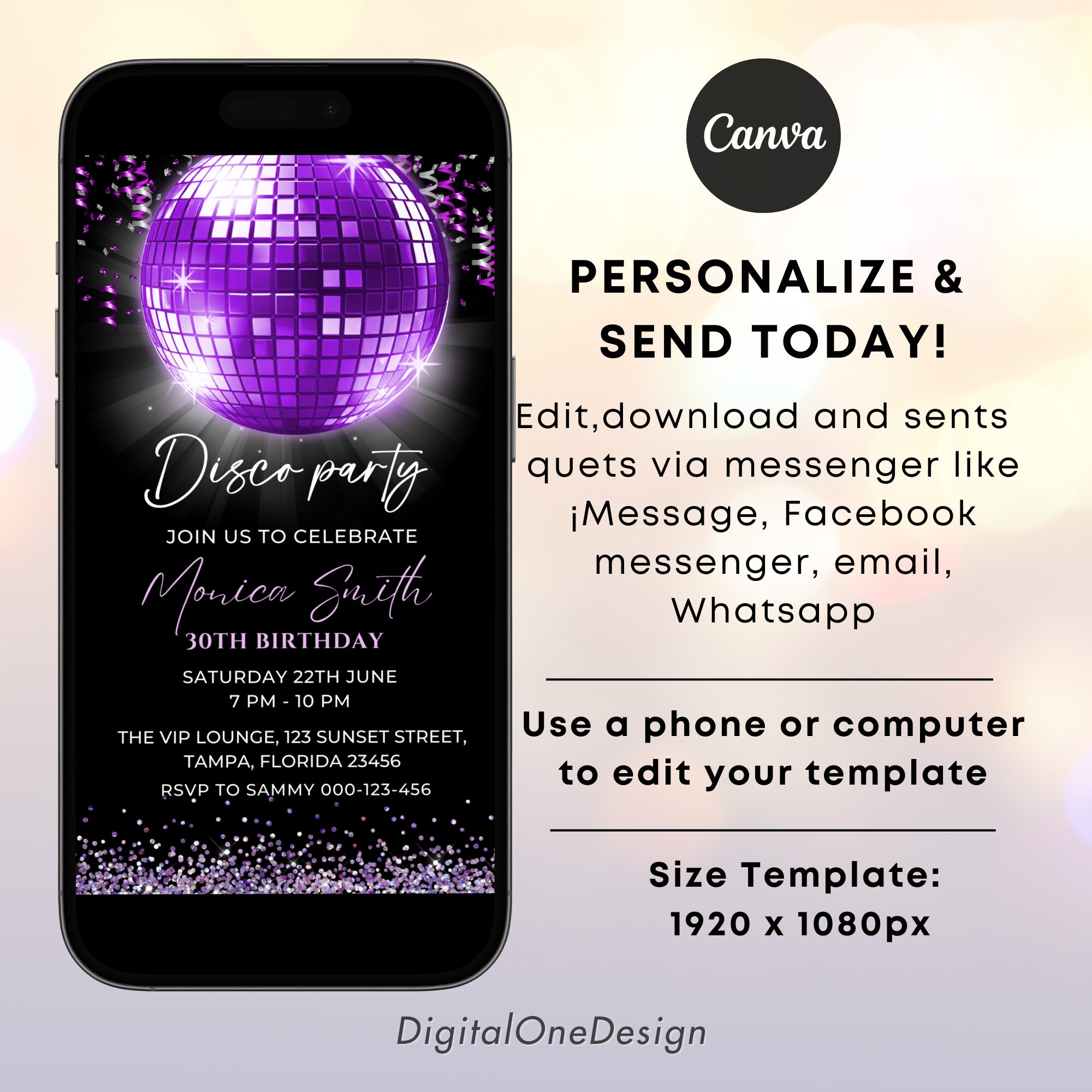 Editable Disco Ball Party Invitation, Purple Disco Ball Glitter, 70s ...