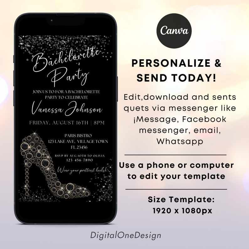 Editable Bachelorette Party Invitation Digital, Elegant High Heel With ...