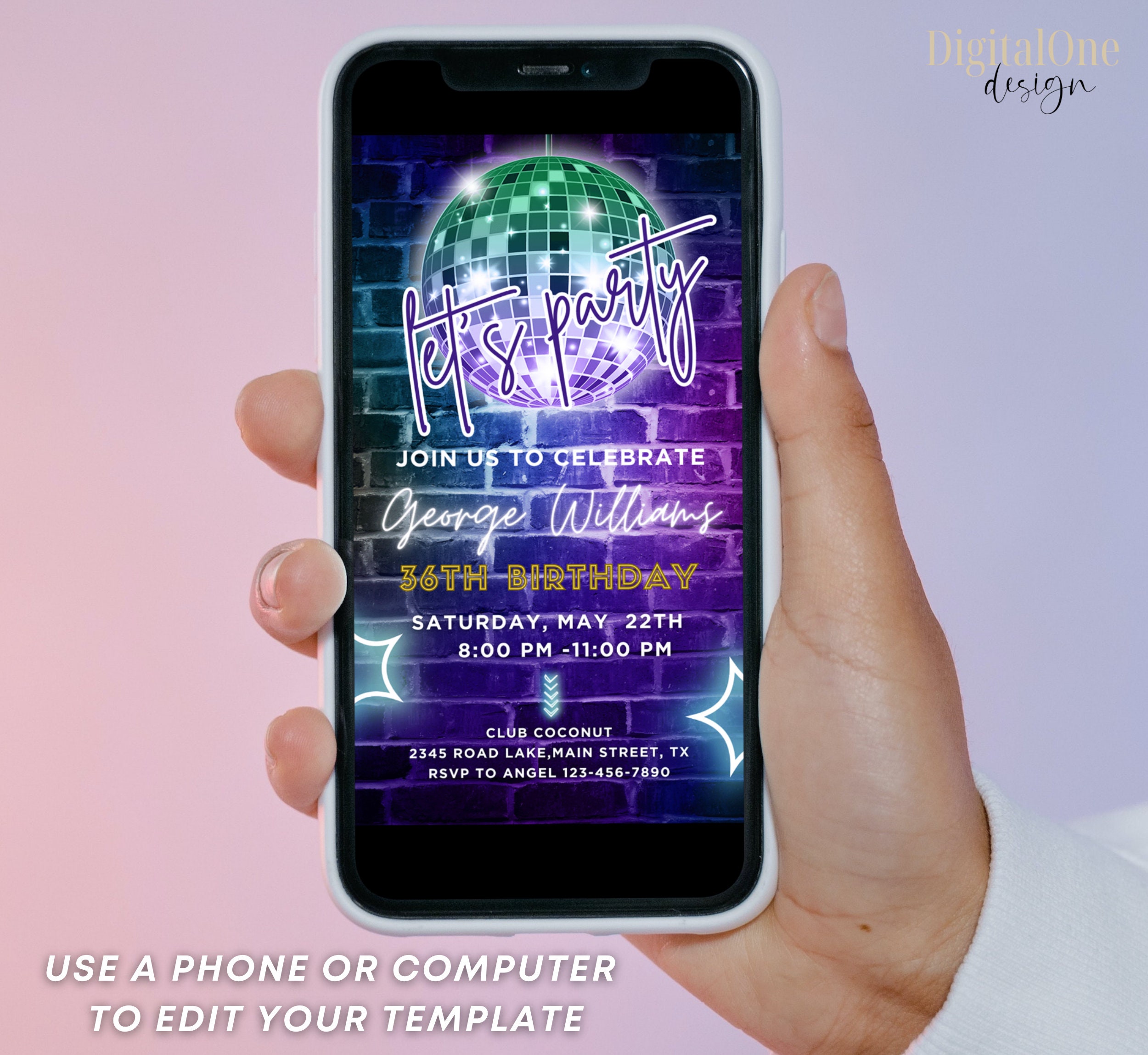 Disco Birthday Invitation, Electronic Neon Birthday Invitation, Disco ...