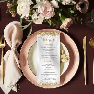 Editable White Gold Menu Card Template, Chic White Satin & Gold Glitter ...