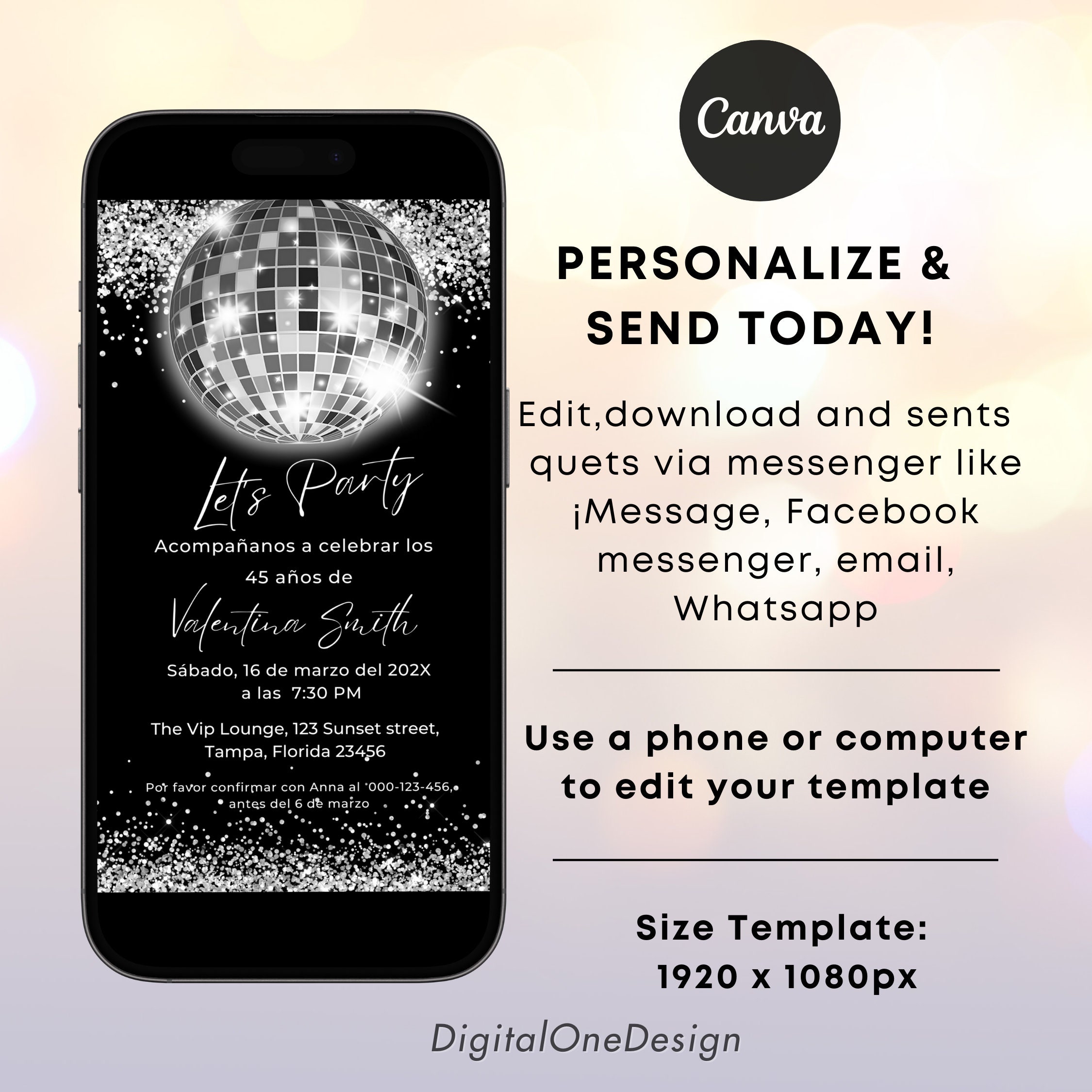 Spanish Disco Party Birthday Invitation, Disco Ball Silver, Any Age ...