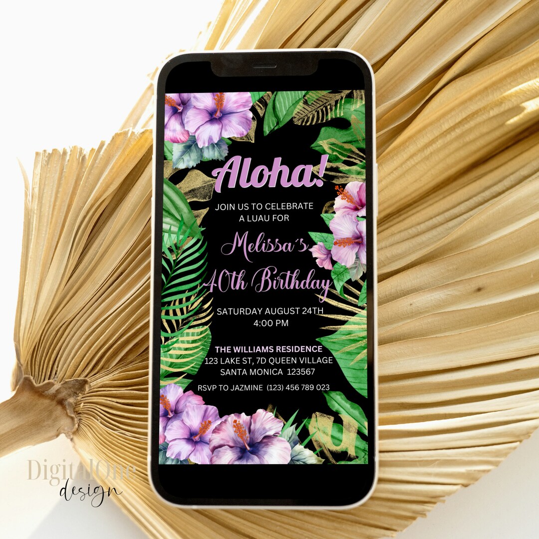 Aloha Birthday Invitation, Tropical Theme, Purple Floral Hibiscu ...