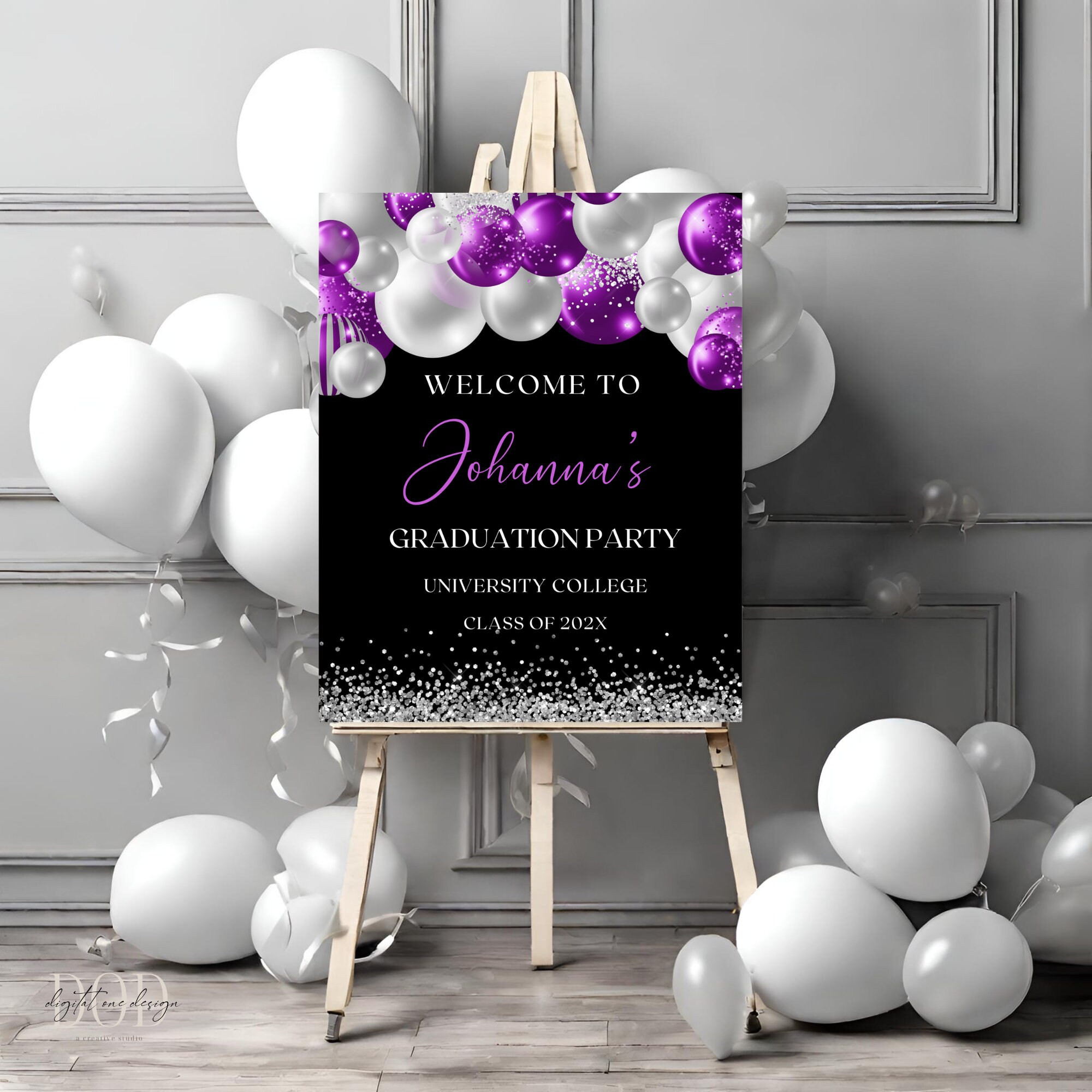 Graduation Party Welcome Sign, Purple & Silver Balloons, Graduation ...