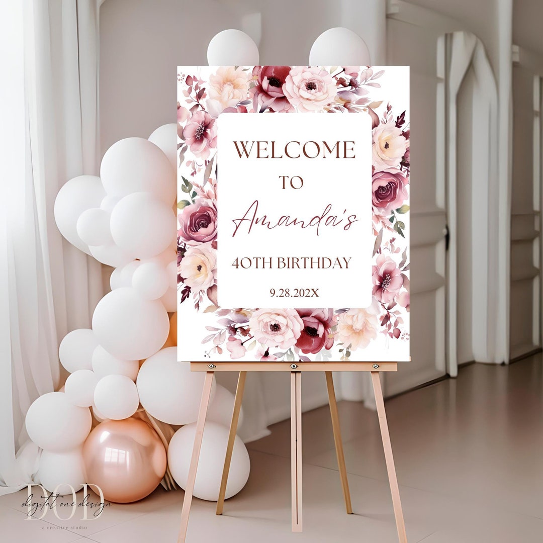 Elegant Birthday Party Welcome Sign Template, Burgundy and Blush Pink ...