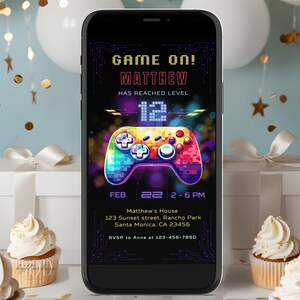 Level up Birthday Party Invitation, Editable Colorful Neon Glow Gamer ...