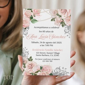 Spanish Rose Gold Floral Party Invite, Elegant Pink Rose & Black ...