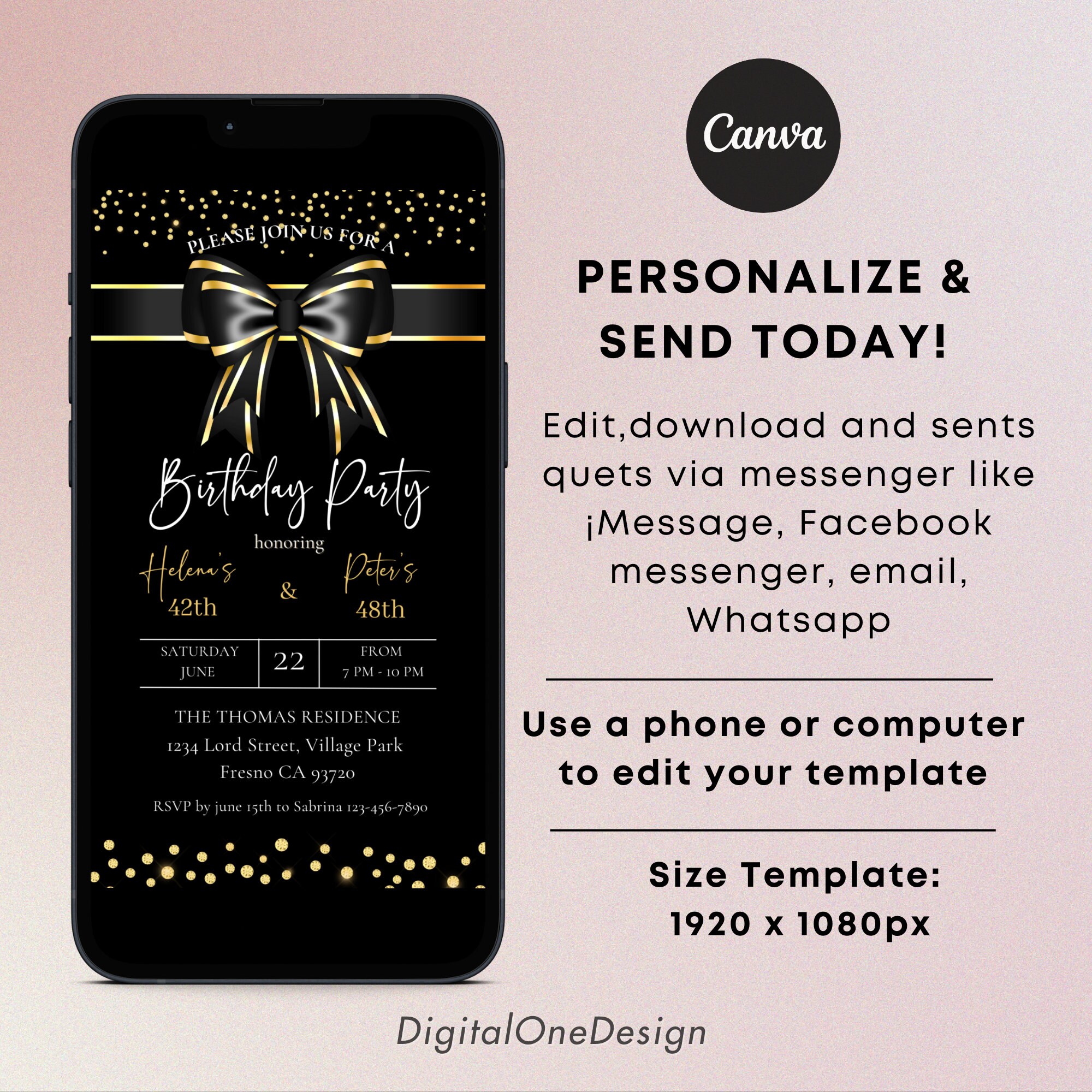 Double Birthday Party Invitation, Chic Black & Gold Bow With Diamonds ...