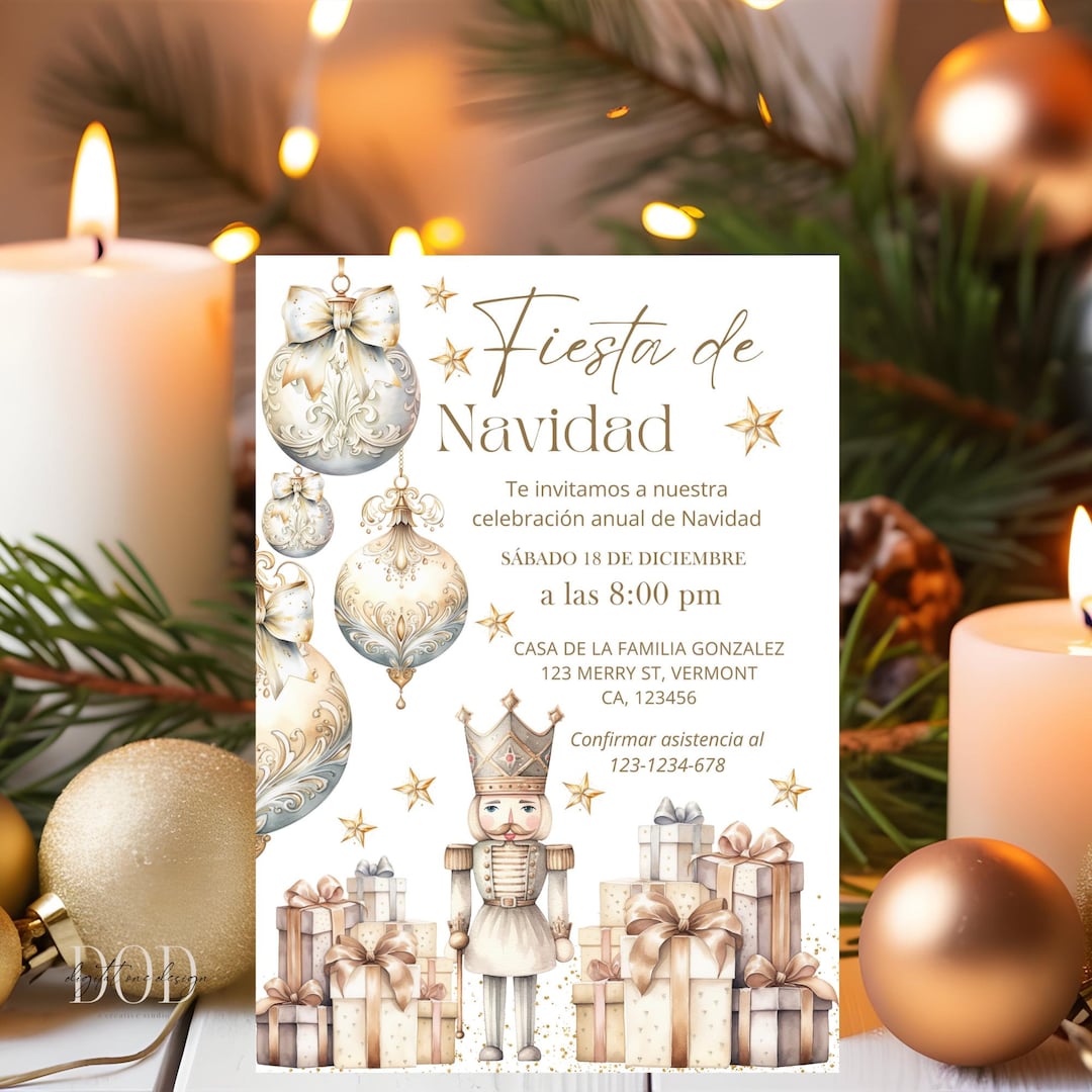 Spanish Christmas Party Invitation, White Holiday Party Invite, Fiesta De Navidad, Elegant ...