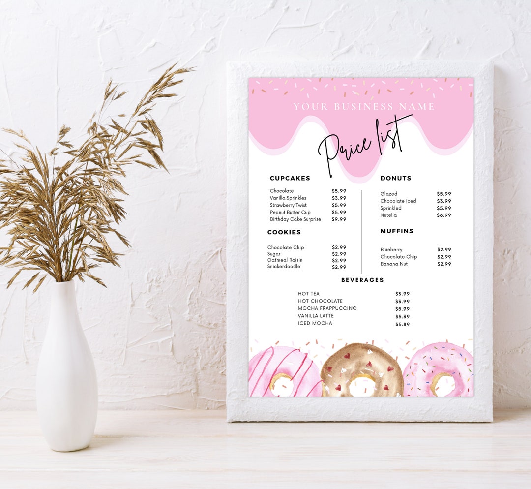 Price List Editable Template, Bakery Price List, Donuts Sweet Treats ...