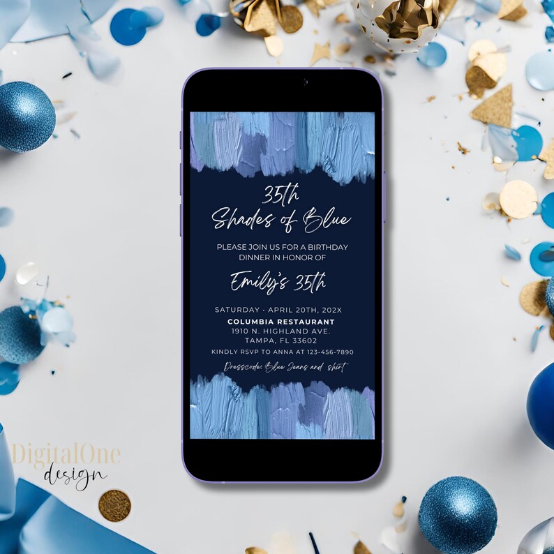Shades of Blue Birthday Invitation Digital, Paint Brush Stroke Shades ...