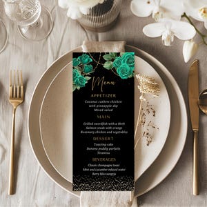 Elegant Emerald & Gold Floral Menu Card, Editable Birthday Dinner or ...