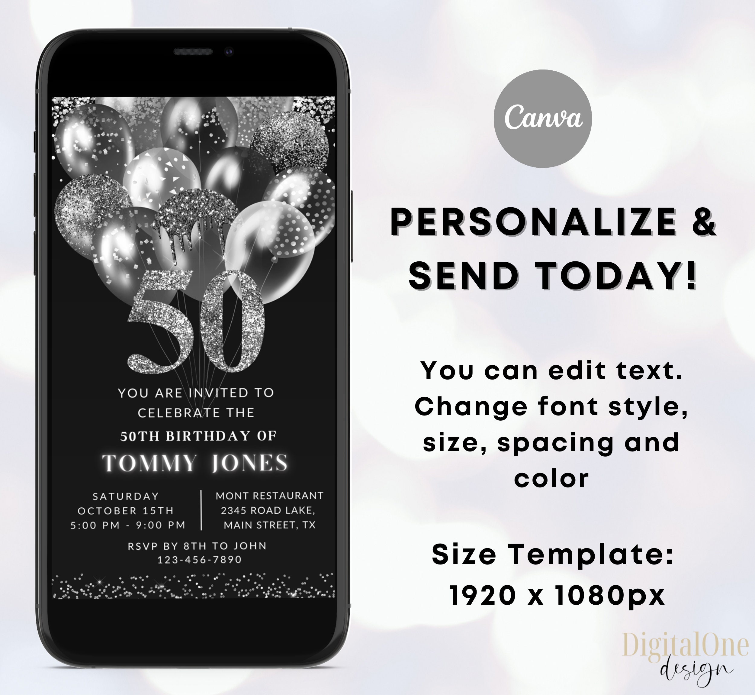 Electronic 50th Birthday Invitation, Black Silver Balloons Birthday ...