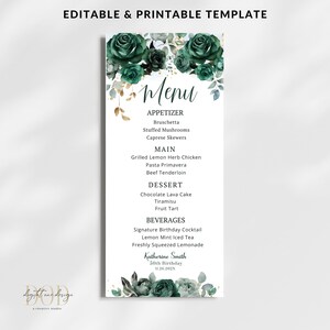 Emerald Green Floral Menu Card Template, Elegant Dinner Menu Card ...