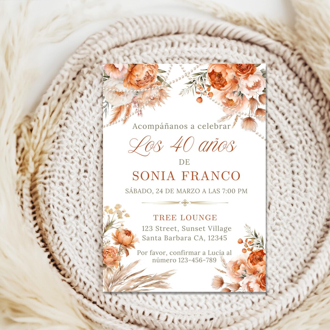 Editable Spanish Birthday Party Invitation, Coral Boho Floral Pearls ...