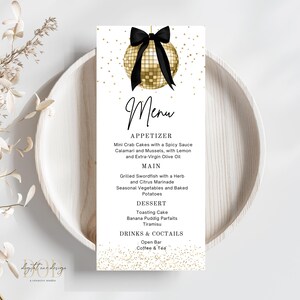 Editable Disco Ball Menu Card, Coquette Black Bow and Gold Disco Ball ...