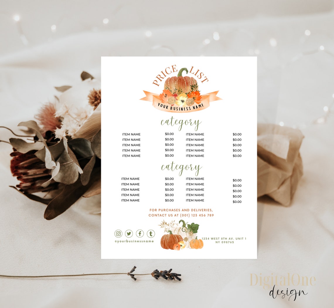 Pumpkin Price List Template Bakery Menu Template Autumn Fall - Etsy