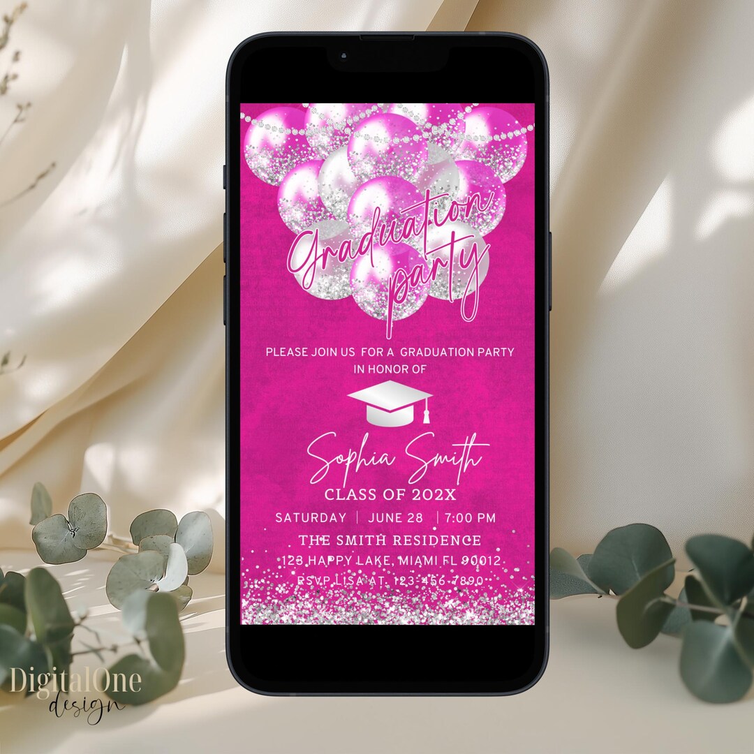 Digital Hot Pink Graduation Party Invitation, Vibrant Pink Grad Party ...