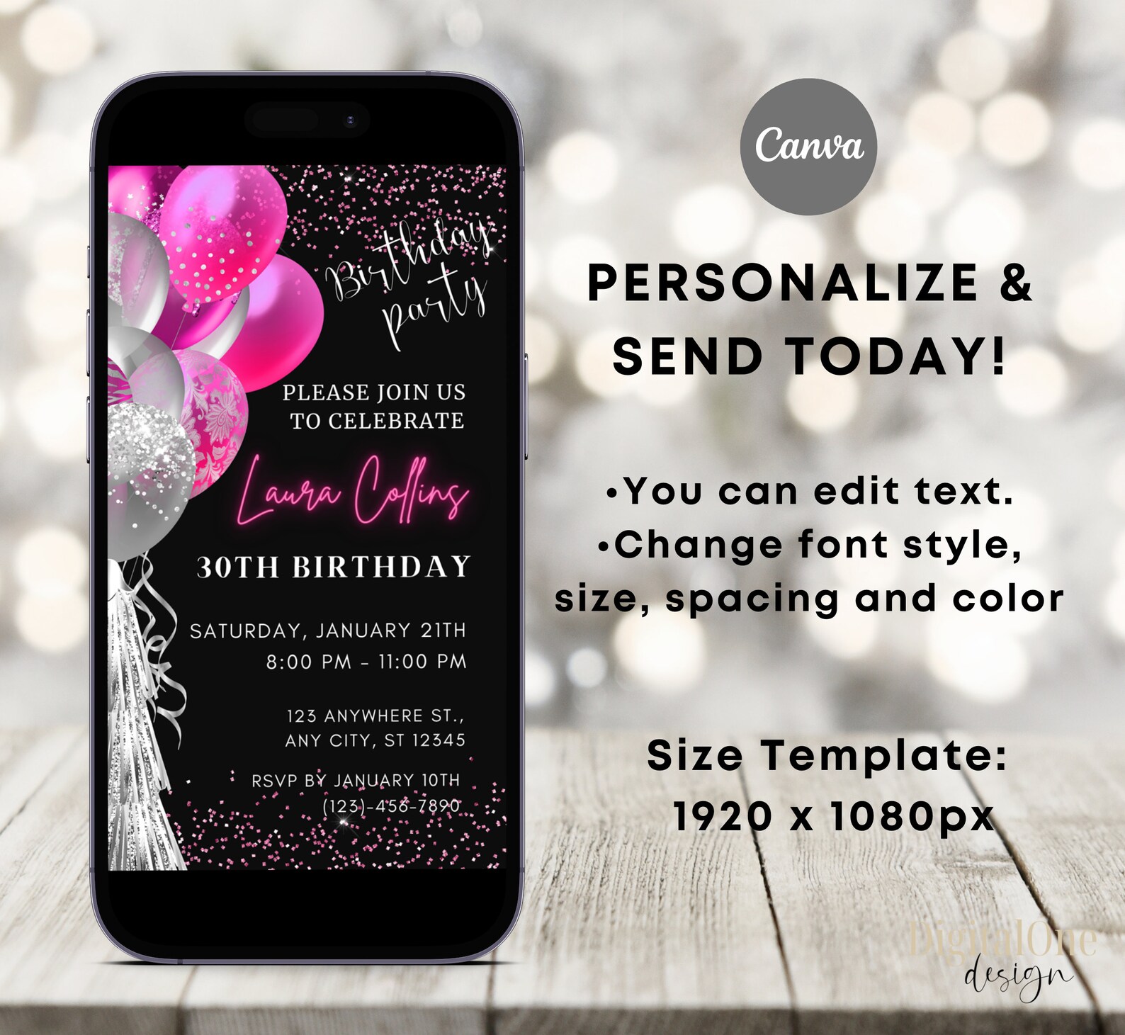 Birthday Electronic Invite, Fuchsia Silver Balloons, Editable Birthday ...