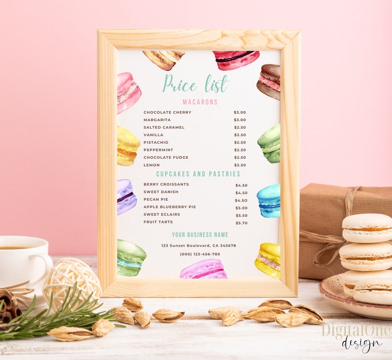 Macarons Price List Template, DIY Bakery Menu, Pastry Dessert Pricing ...