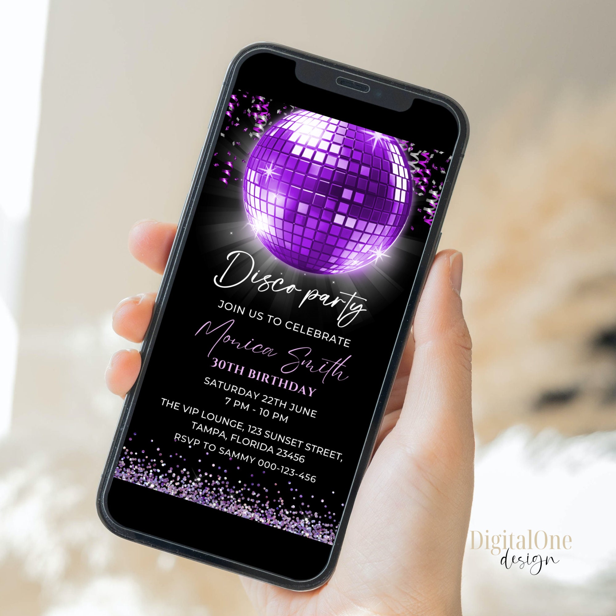 Editable Disco Ball Party Invitation, Purple Disco Ball Glitter, 70s ...