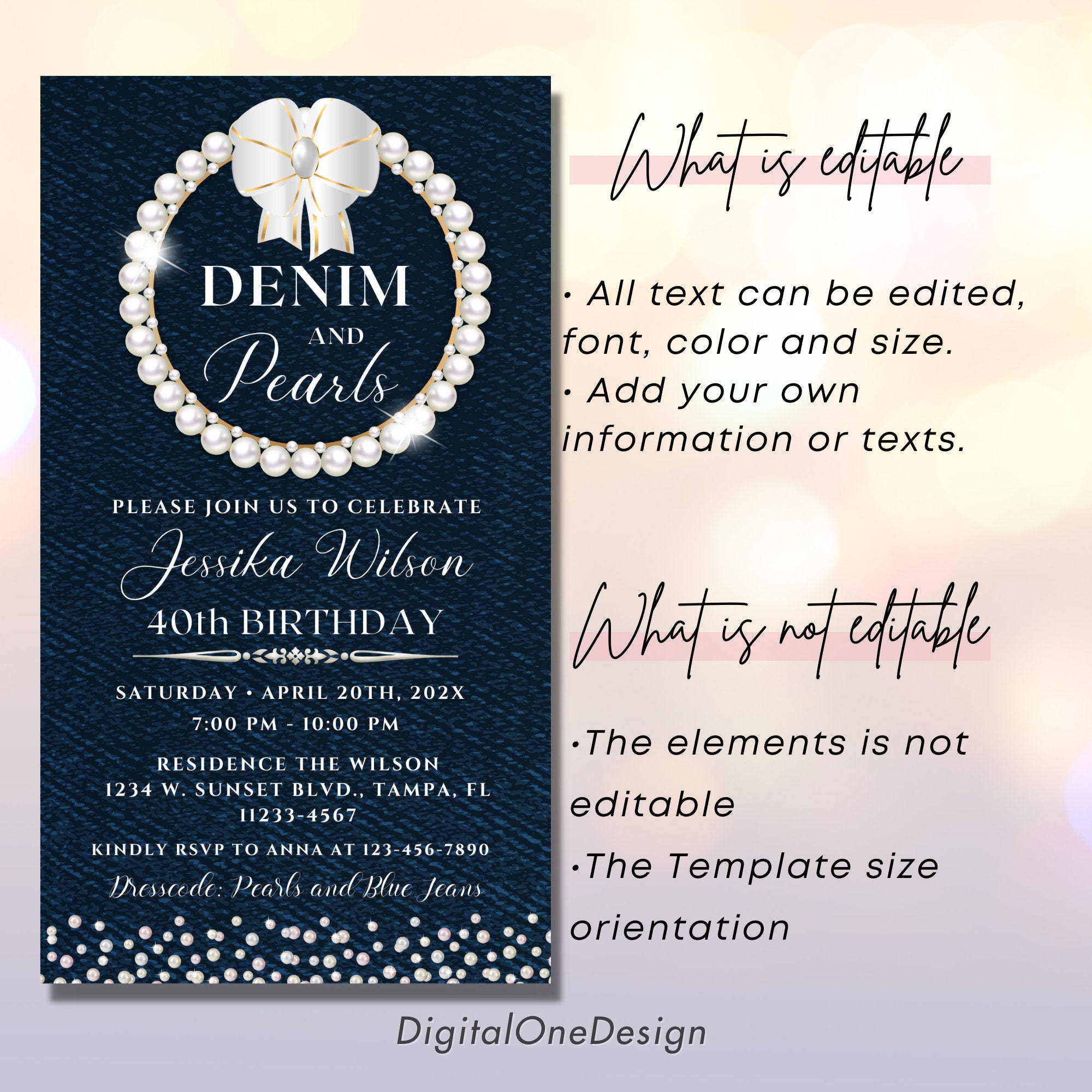 Elegant Pearls and Denim Birthday Party Invitation, Pearls and Blue ...