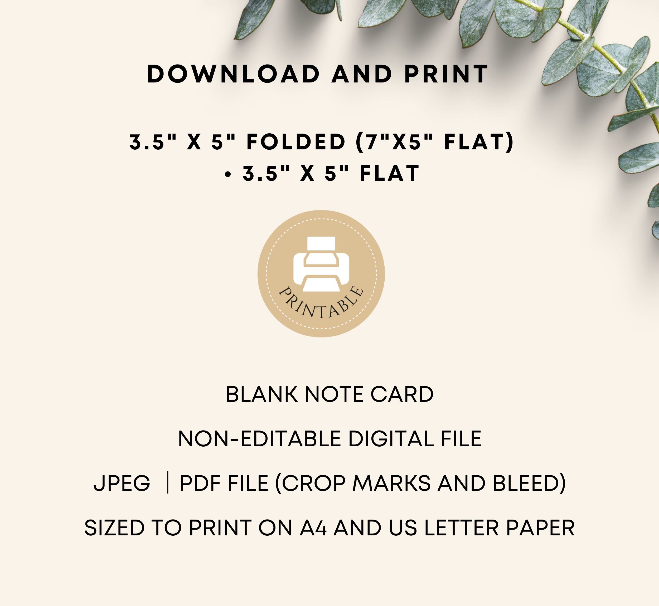 Greenery Note Card Template, Blank Note Cards Printable, Flat and ...