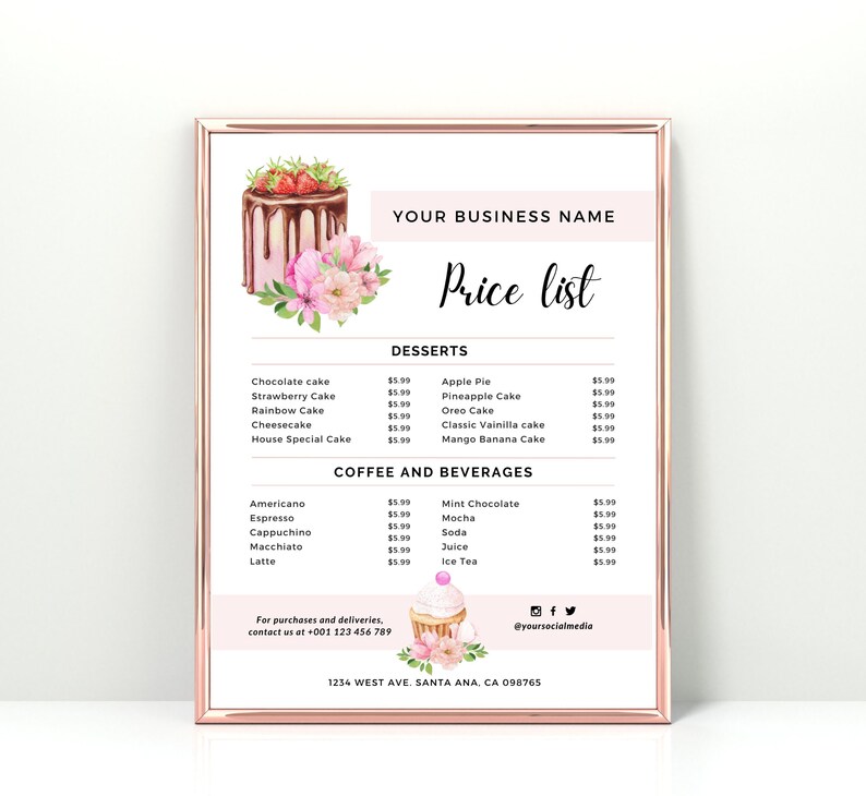 Bakery Price List Template, Menu Template Editable, Coffee Shop, Baking ...