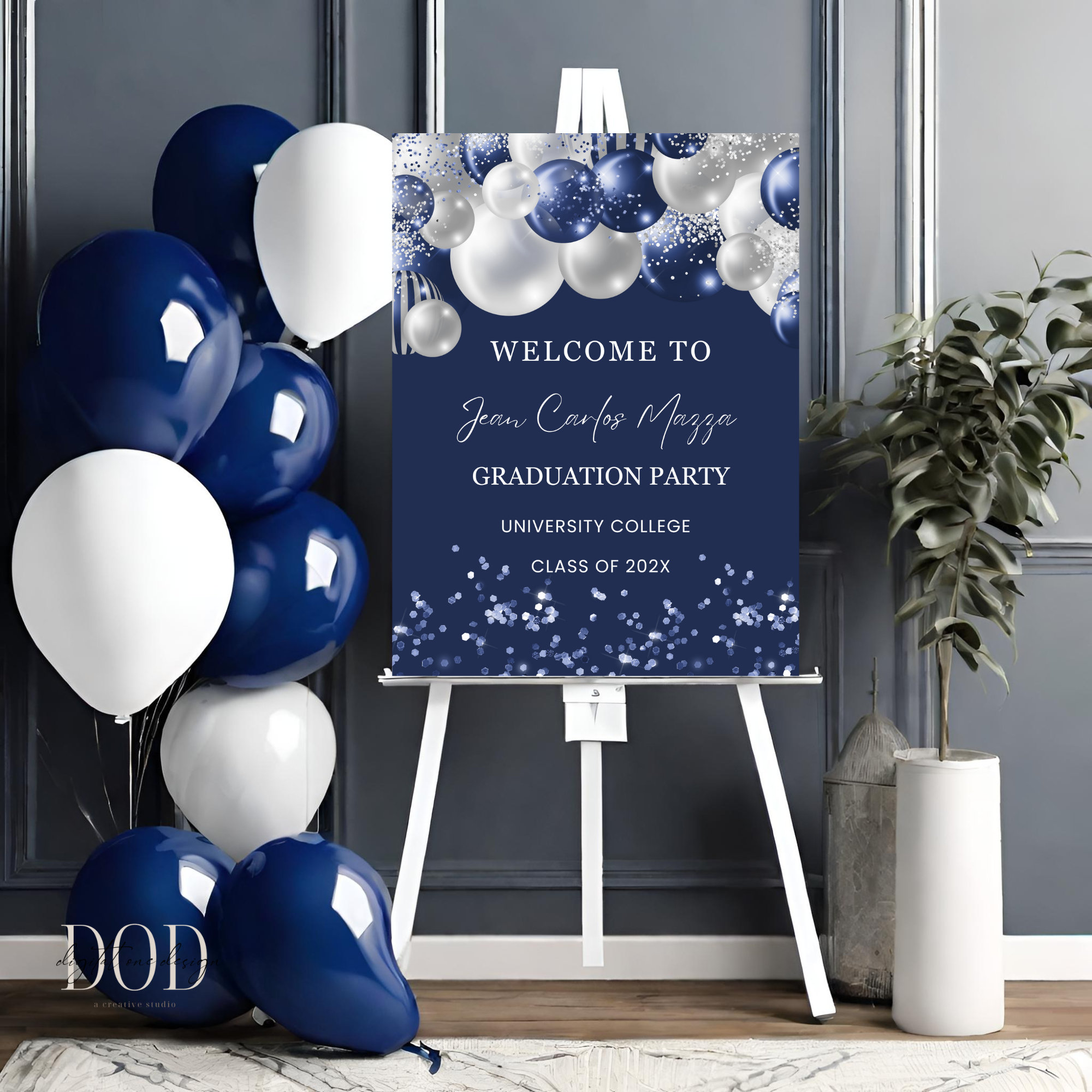 Navy & Silver Balloon Graduation Welcome Sign, Elegant Party Entrance ...