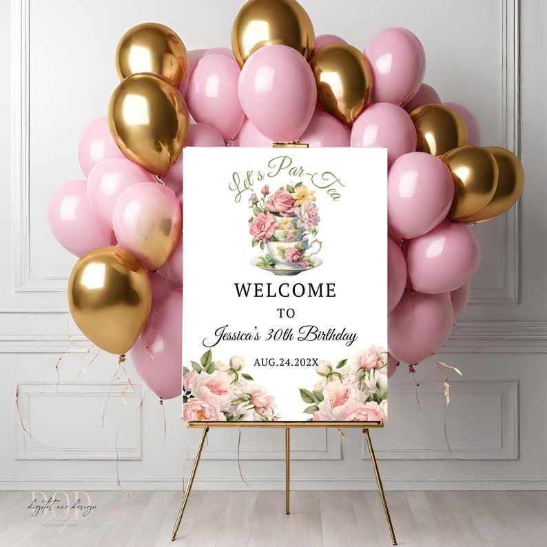 Editable Tea Party Welcome Sign, Elegant Birthday Party Decor, Let's ...