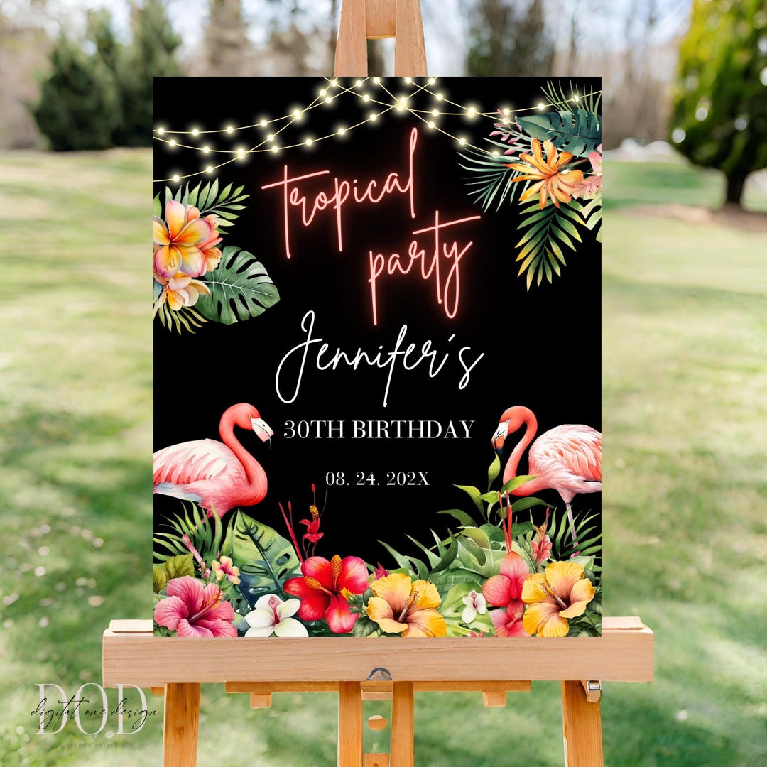 Tropical Party Sign, Flamingo & Hibuscus Floral Theme Party, Summer ...