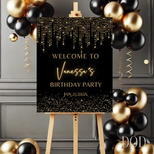 Editable Black Gold Welcome Sign, Gold Light String, Birthday Party ...