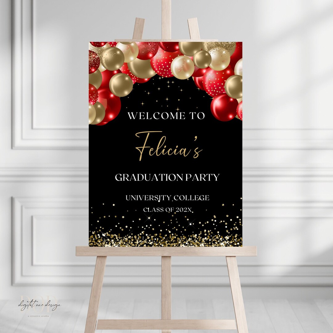 Customizable Graduation Welcome Sign, Red & Gold Balloons, Grad Party ...