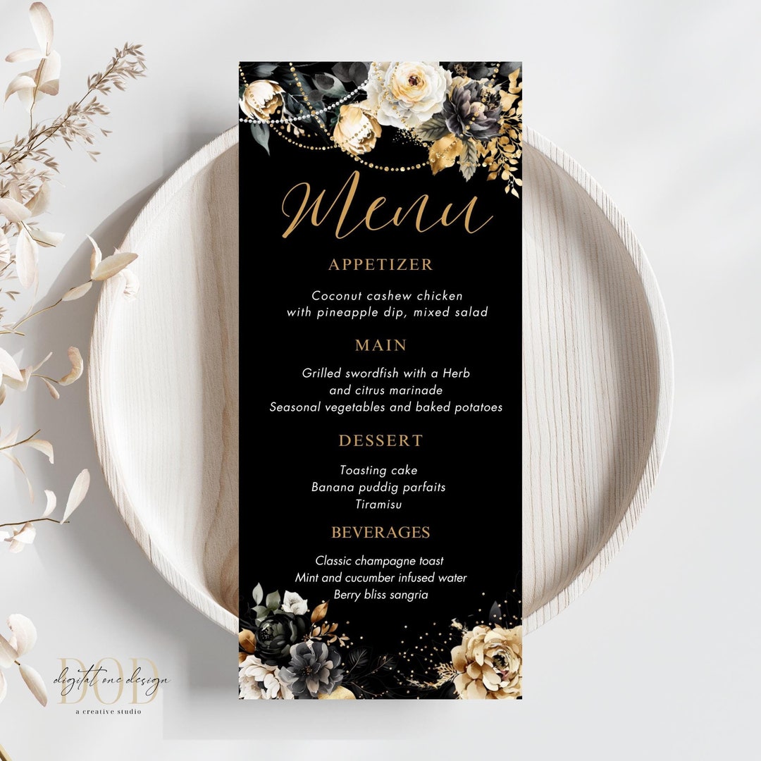 Editable Floral Menu Card, Black and Gold Floral Design, Birthday ...