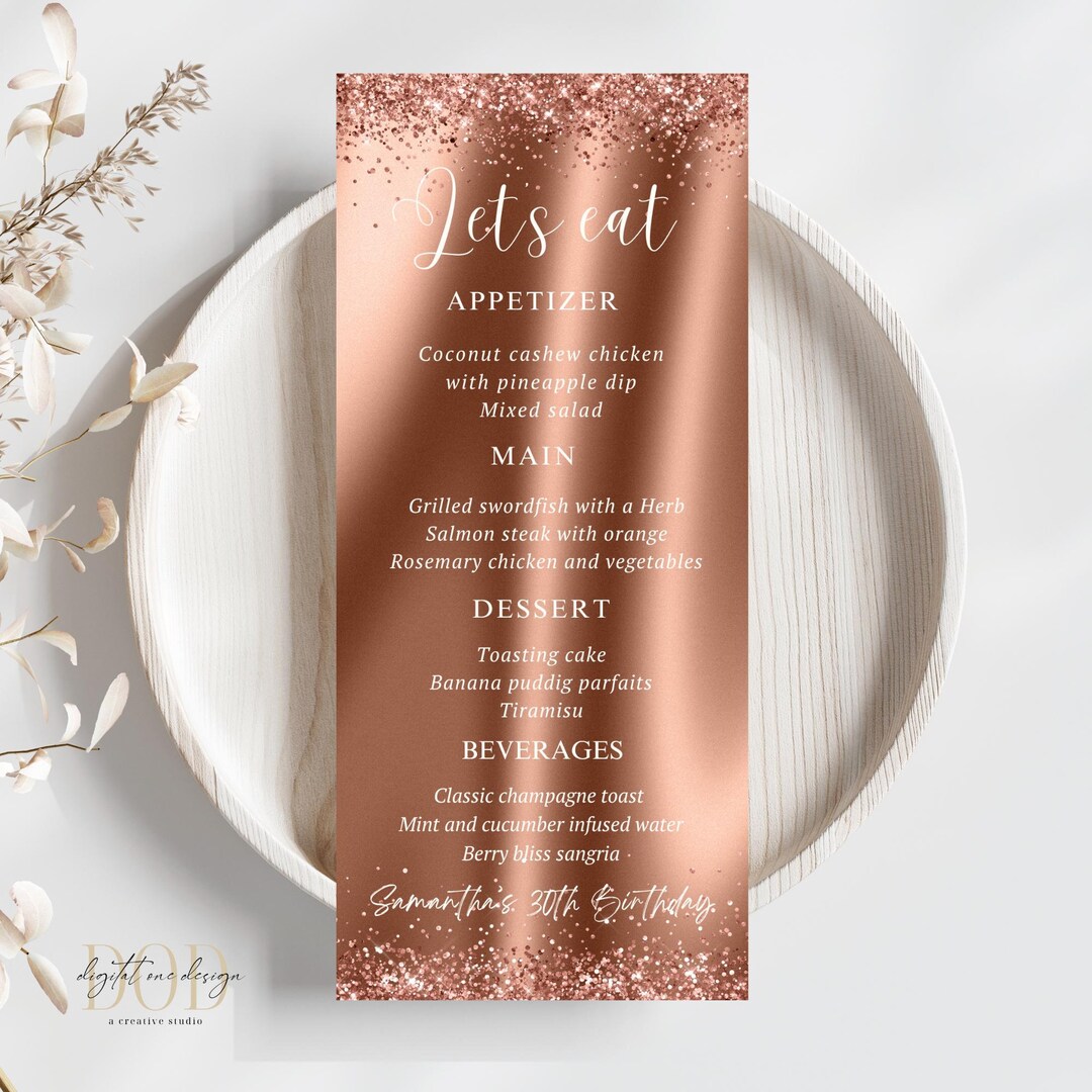 Editable Rose Gold Menu Card Template, Elegant Rose Gold Satin ...